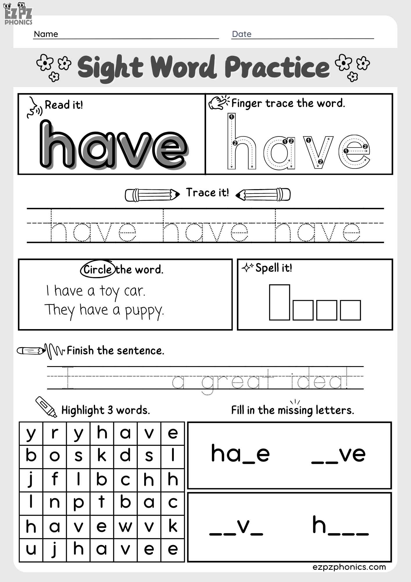 Dolch Kindergarten Sight Word "Have" – Engaging Activities PDF Download - ezpzphonics.com